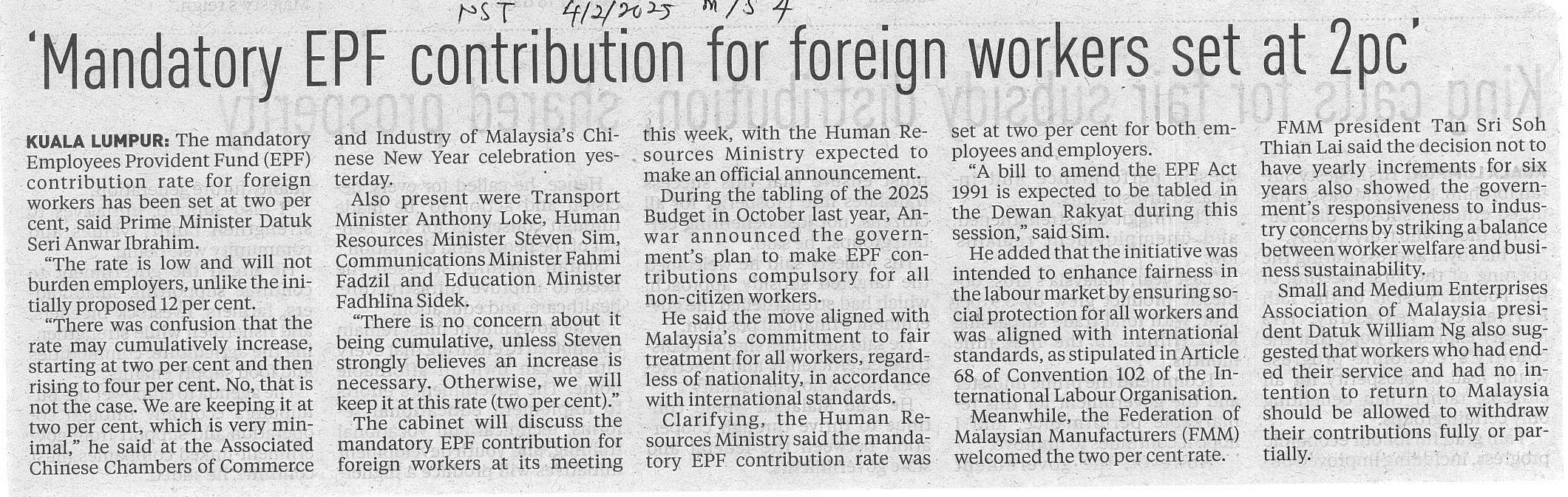 'Mandatory EPF contribution for foreign workers set at 2pc | Jabatan ...