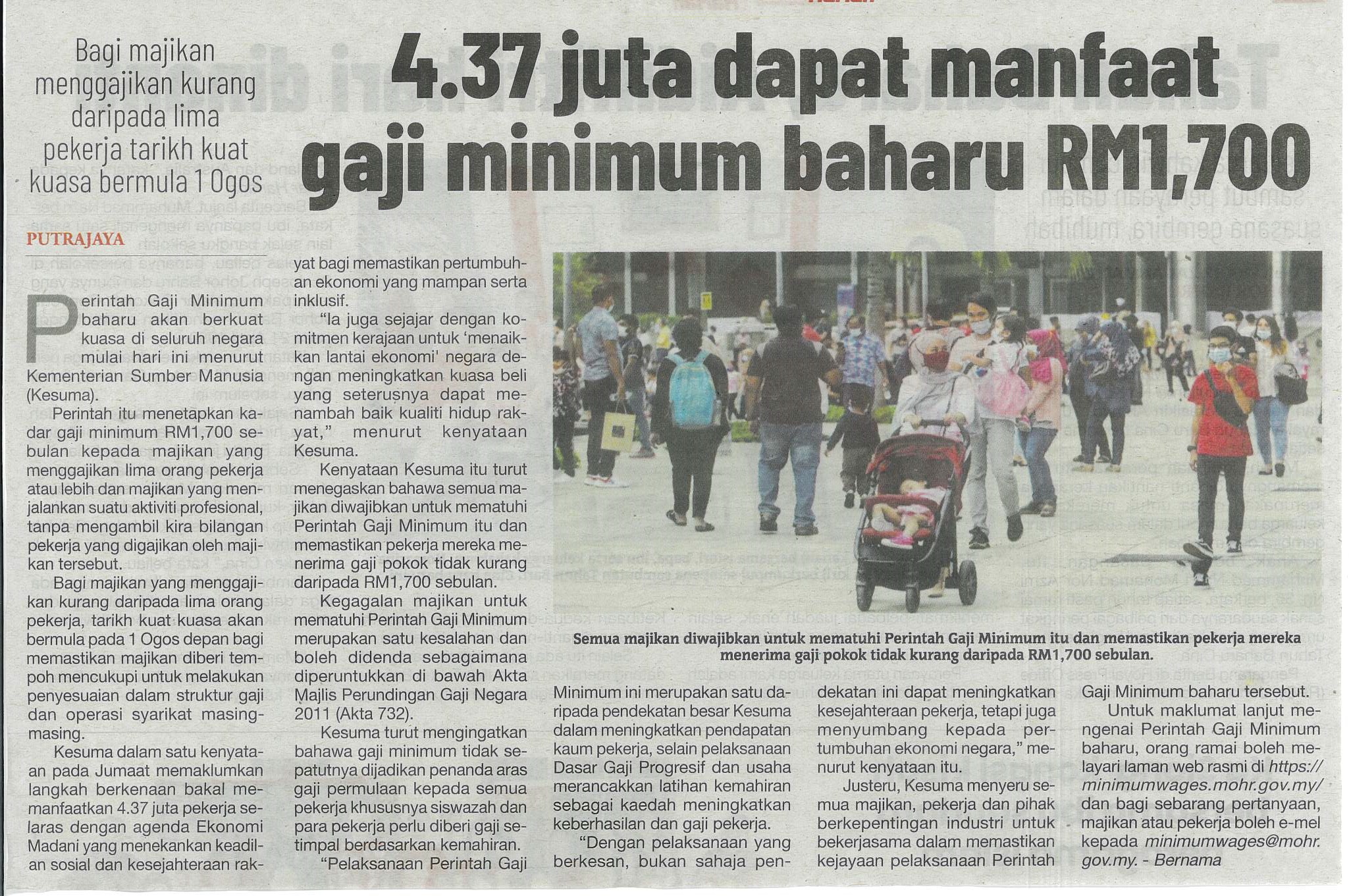 4.37 juta dapat manfaat gaji minimum baharu RM1,700 | Jabatan Tenaga ...