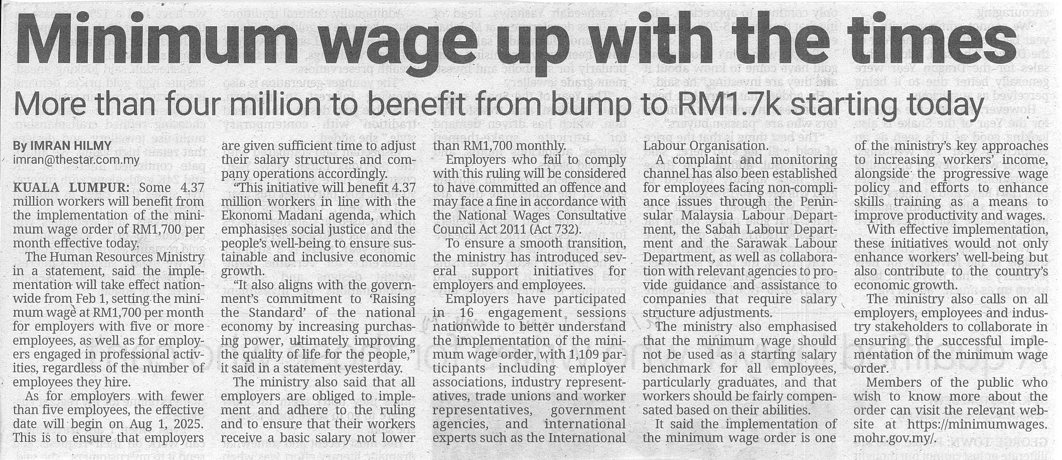 Minimum wage up with the times | Jabatan Tenaga Kerja Semenanjung ...